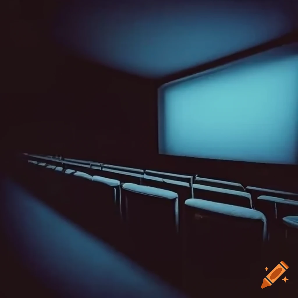 Creepy empty movie theater with a horror movie screen displaying skrekkruttskolens ramaskreekend ...