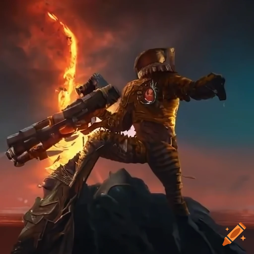 Space-themed treasure hunter battles monster with gun and jetpack over ...