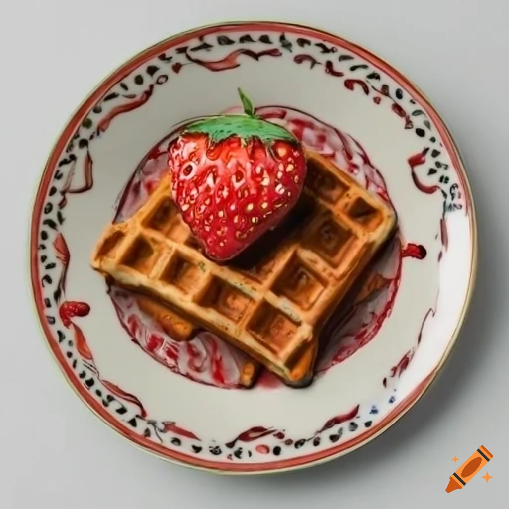 Delicious waffles on a ceramic plate with a strawberry design on Craiyon
