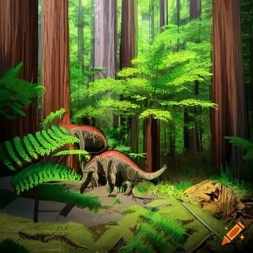 Two hypsilophodon dinosaurs in a sunny forest clearing with fern ...