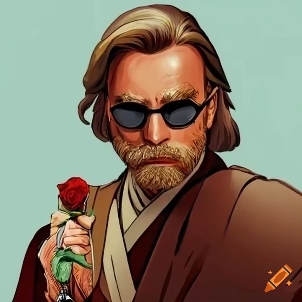Obi Wan Kenobi posing with a lightsaber and rose wearing sunglasses on ...