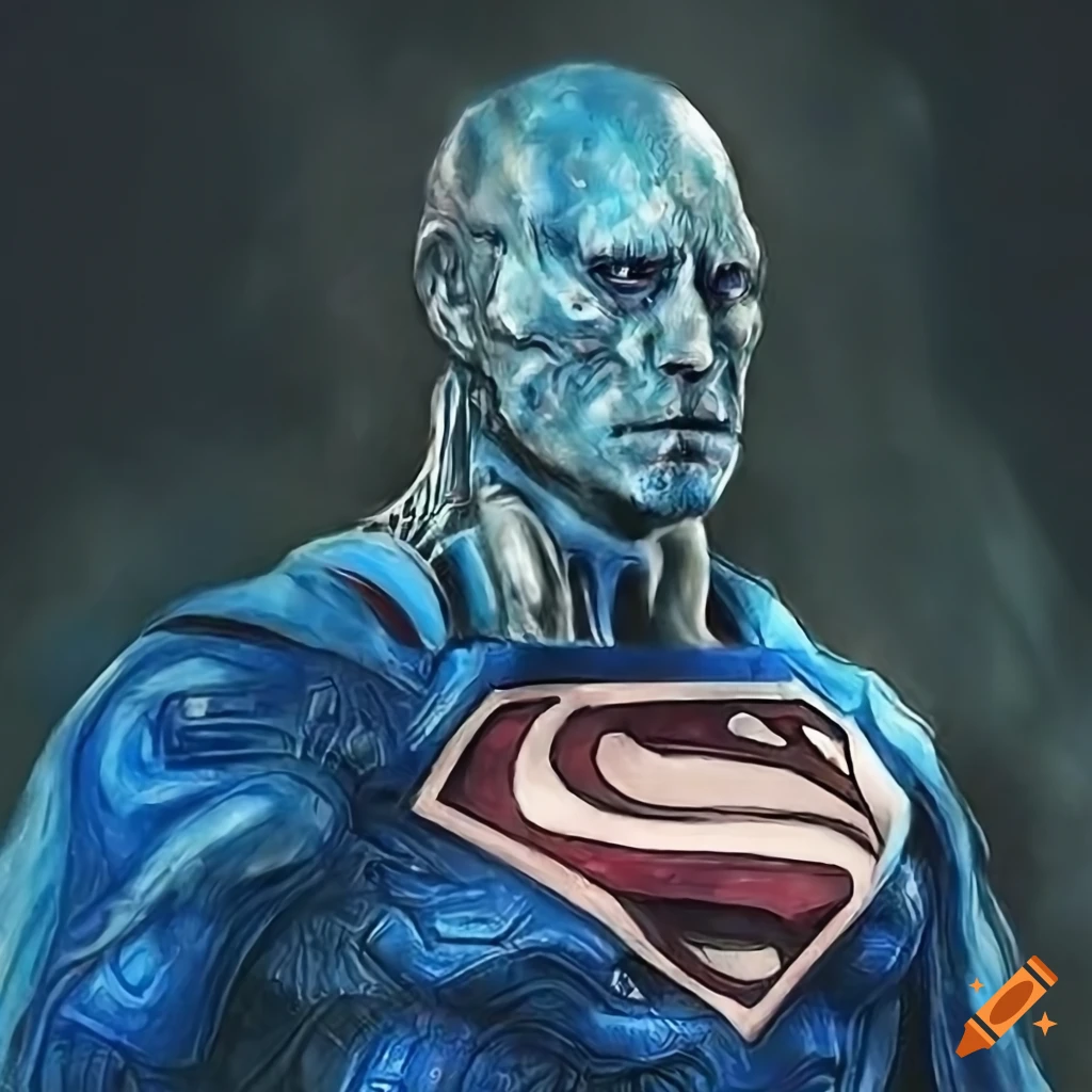 Superman designed in H.R. Giger style with a blue electronic circuit ...