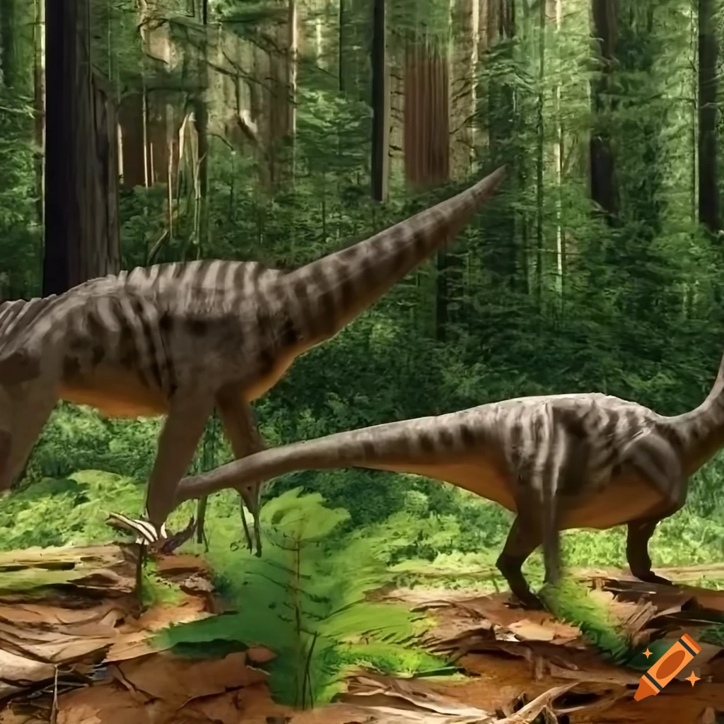 Hypsilophodon dinosaurs walking through a sunny forest clearing with ...