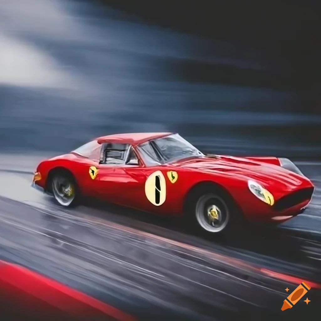Ferrari oldtimer race car drifting on a rainy racetrack with spectators ...