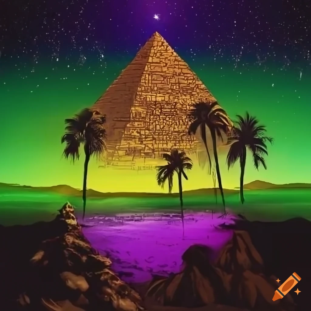 Desert landscape with palm trees, pyramid, and starry night sky on Craiyon