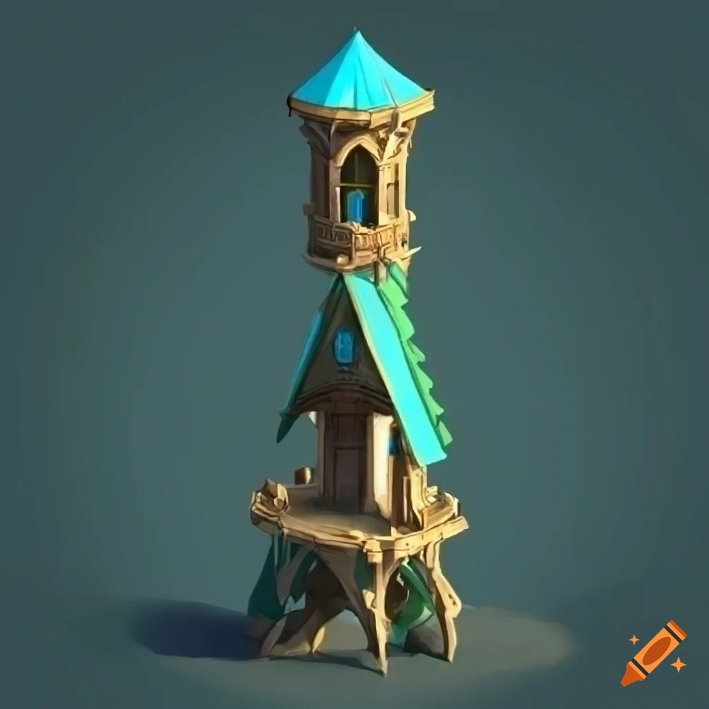 Isometric view of an elven tower on stilts exterior on Craiyon