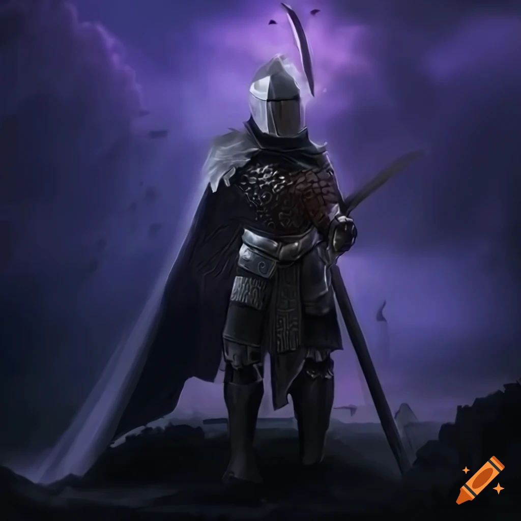 Knight in black armor in a storm with a greatsword and black cape on ...