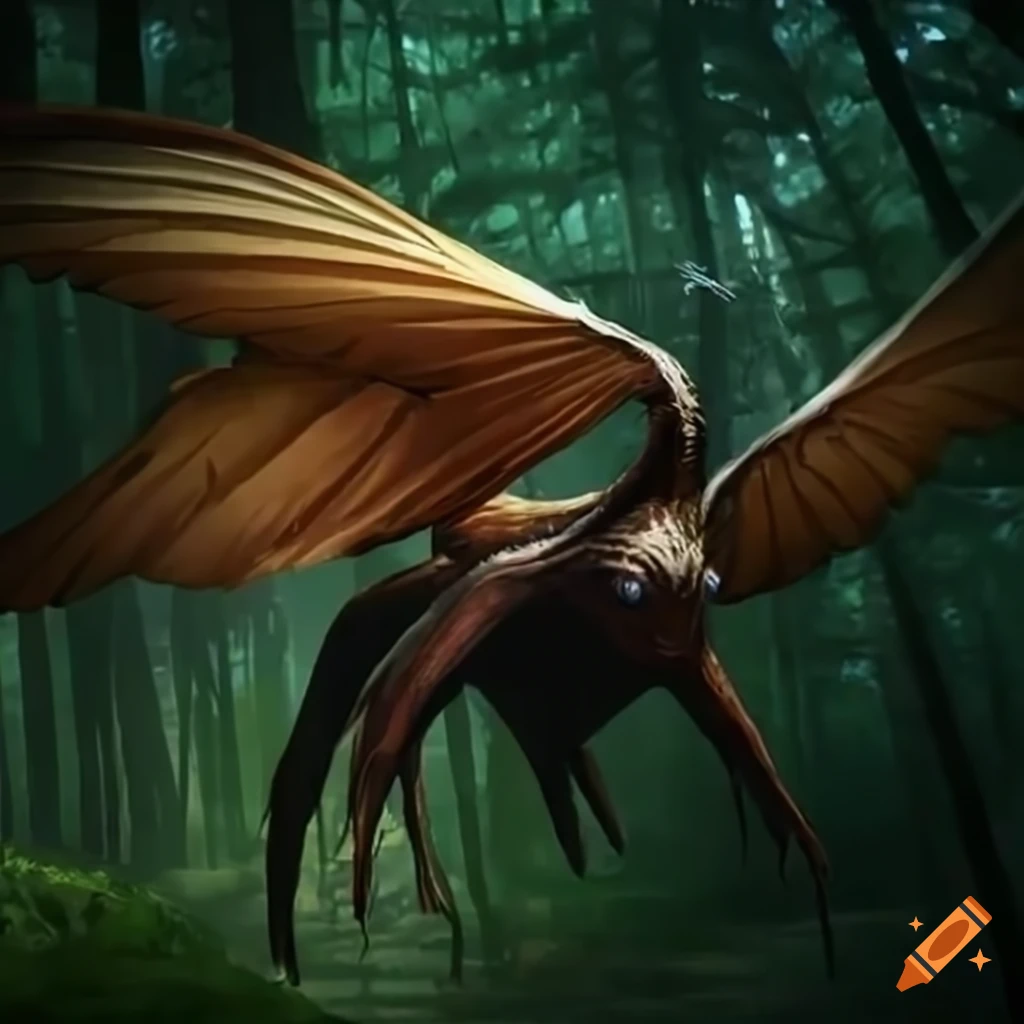Flying creature in a mysterious forest on Craiyon