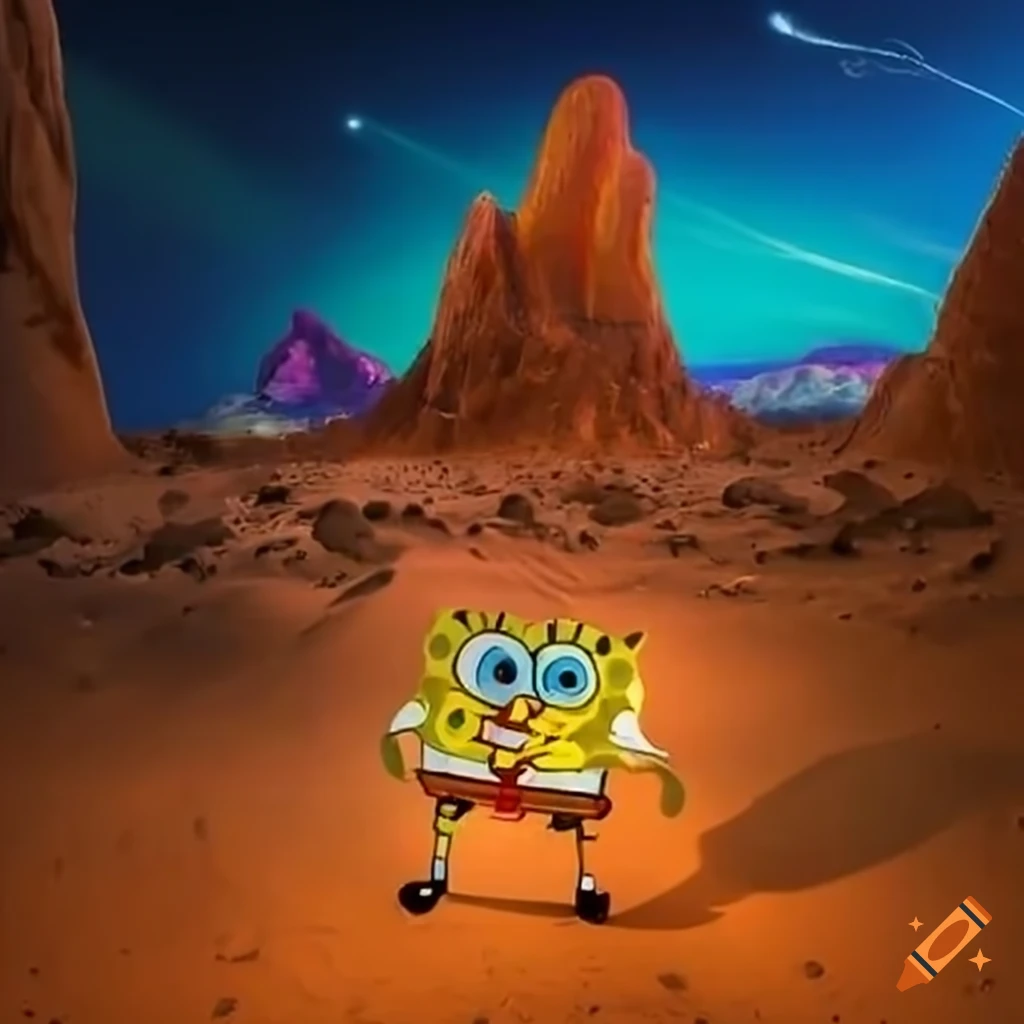 SpongeBob SquarePants exploring a Martian environment on Craiyon