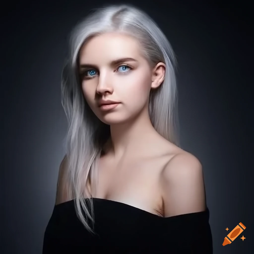 Portrait of a young woman with silver blonde hair and blue eyes in ...