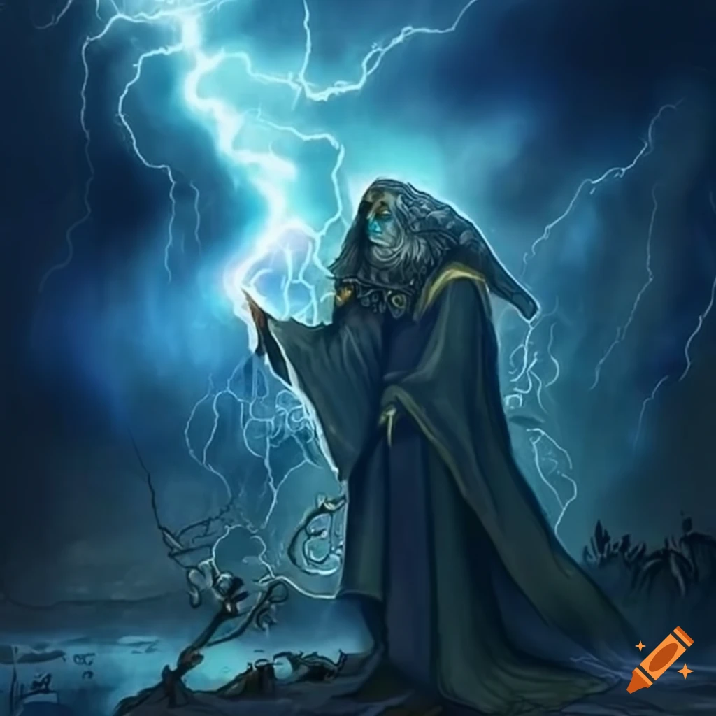 Wizard conjuring a magical storm in detailed artwork on Craiyon