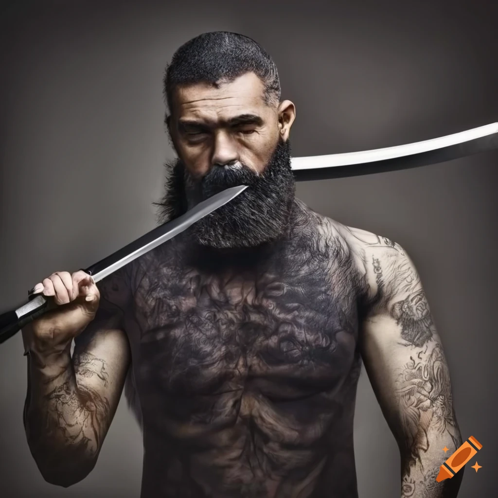 Full body image of a bald latino samurai with a full beard holding a ...