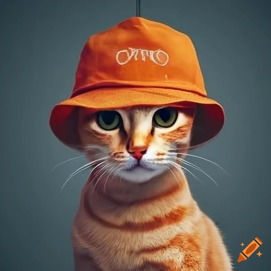 Cat with orange cap next to a mango loco energy drink on Craiyon