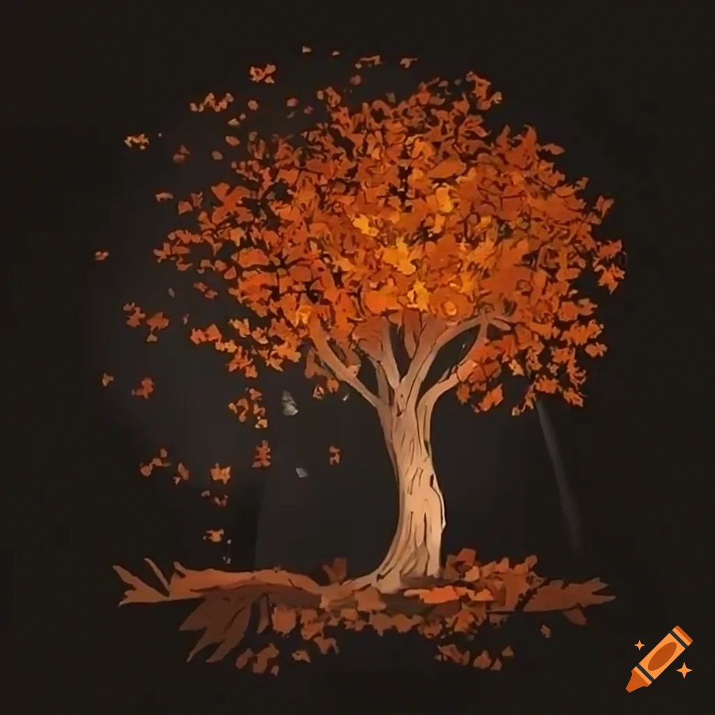 Half view of fall tree with yellow and orange leaves falling in the ...