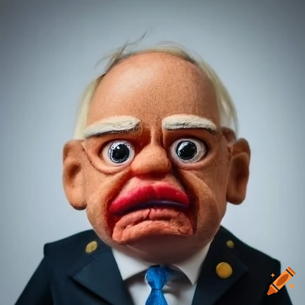 Detailed felt puppet of governor tim walz with a worried expression on ...