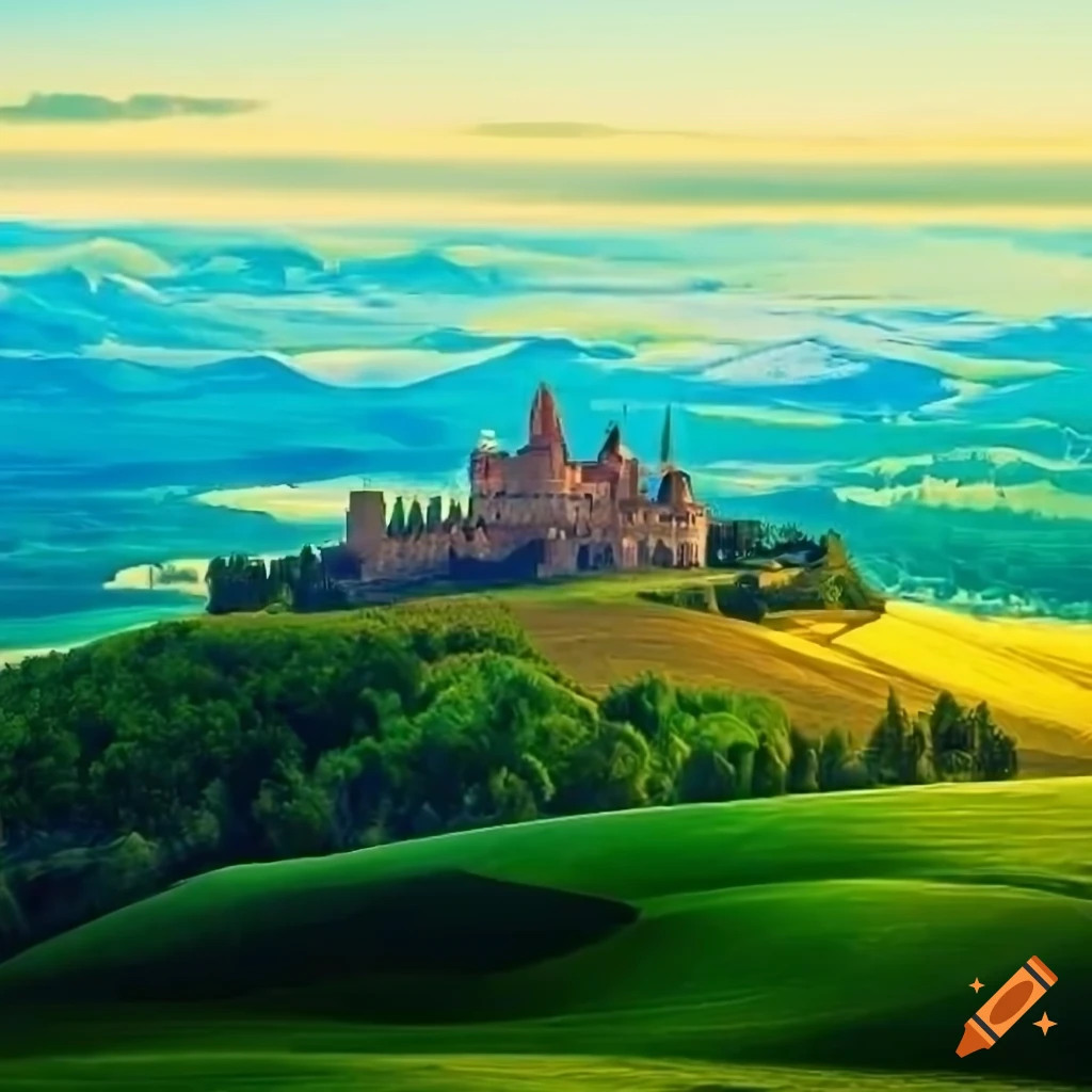 Panoramic view of valoria kingdom with green hills, wheat fields, and a ...