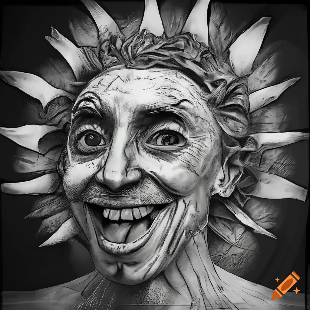 Menacing smiling sun with radiating rays in scratchboard art on Craiyon