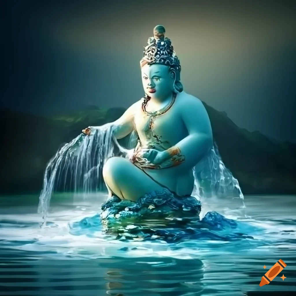 Traditional korean art of water deity pouring water into a river on Craiyon