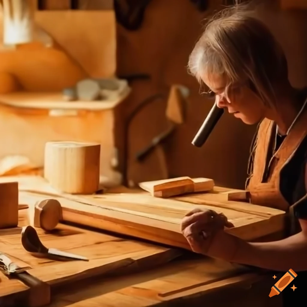 Craft workshop with visitors making handmade wooden crafts on Craiyon
