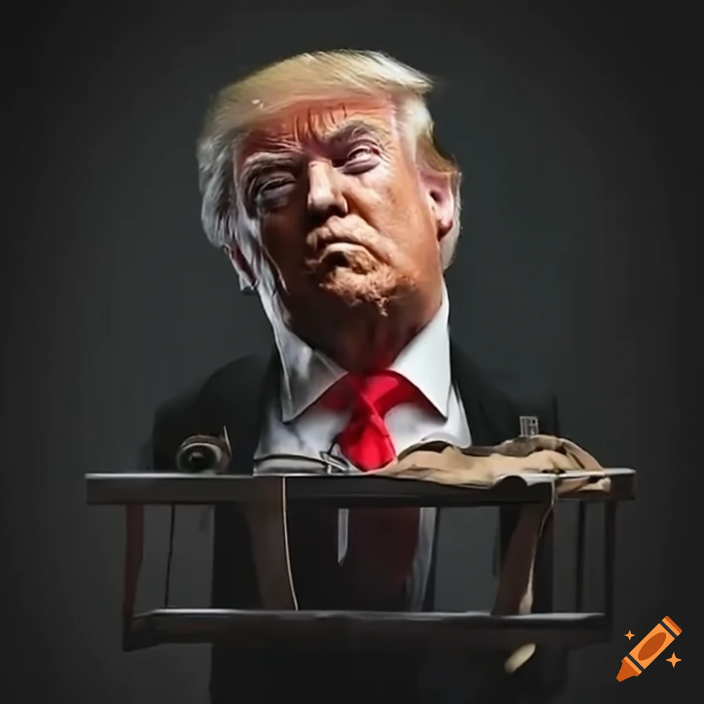 Satirical scene of trump in a bulletproof cage at a small outdoor ...