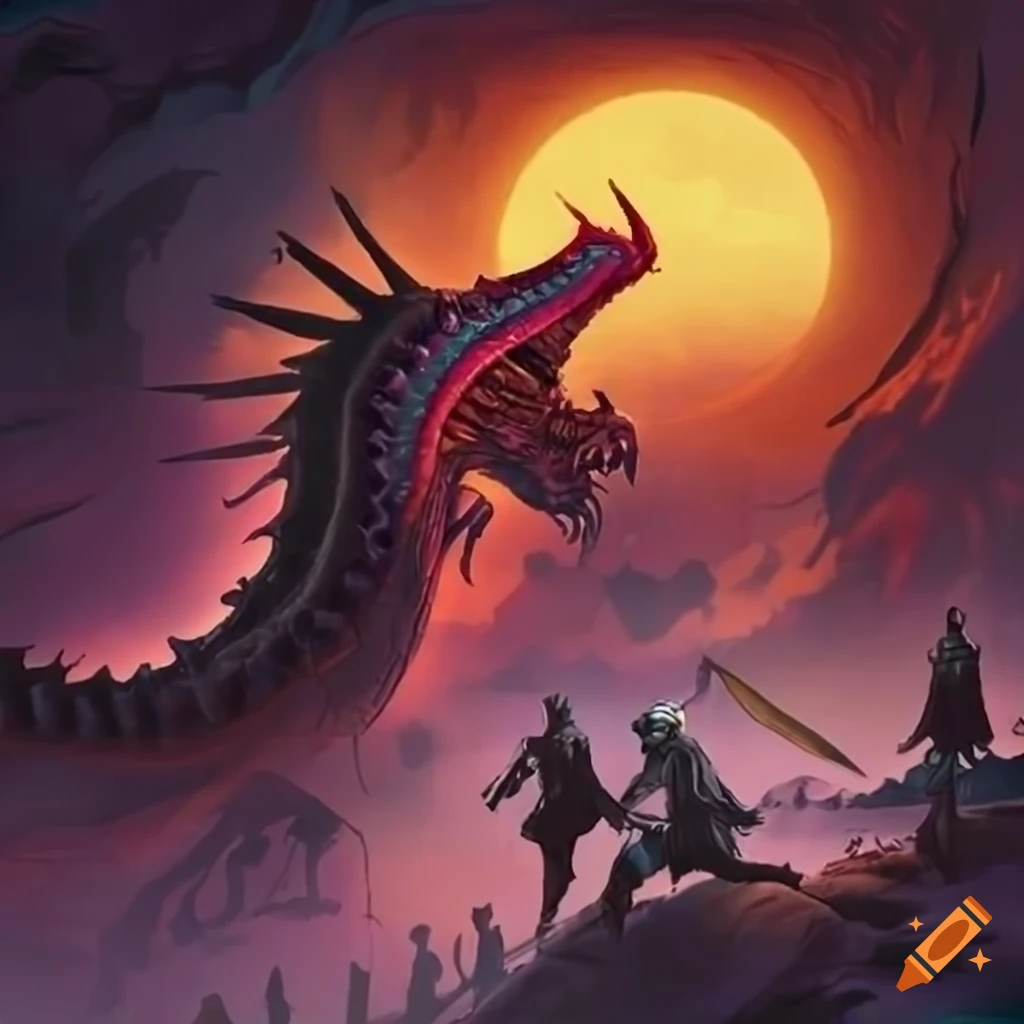 Fantastical cover artwork of a heavy metal band battling a dragon on ...