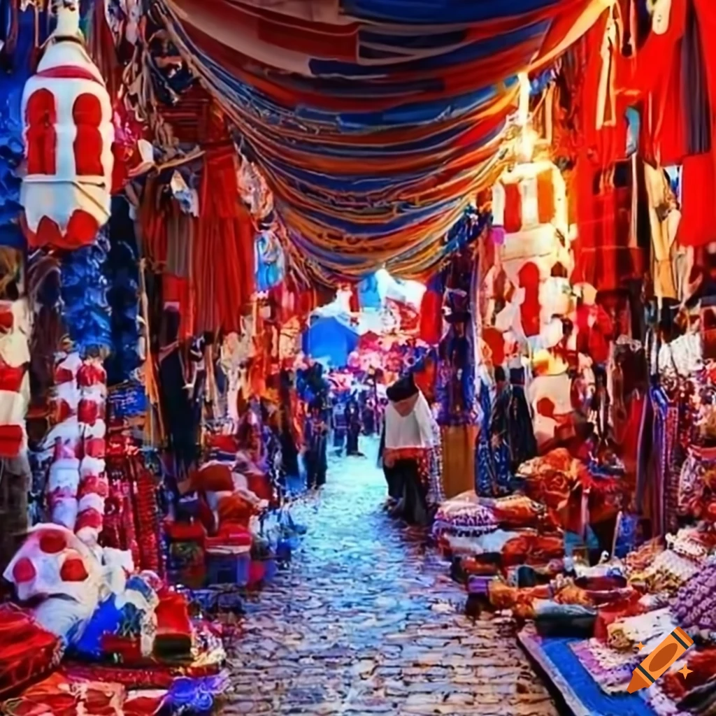 Crowded bazaar with red, white, and blue decorations on Craiyon