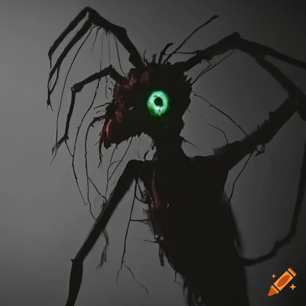 Mysterious insect man with glowing eyes in the shadows on Craiyon