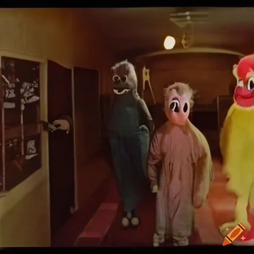 Colorful children's mascot monster in a school hallway from a VHS ...