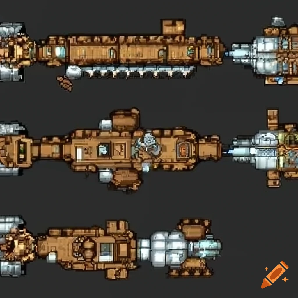 Steampunk symmetrical spaceship sprites with reactor for games on Craiyon