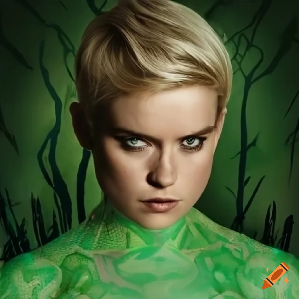 Young woman with short blonde hair portraying a timelord flying through ...