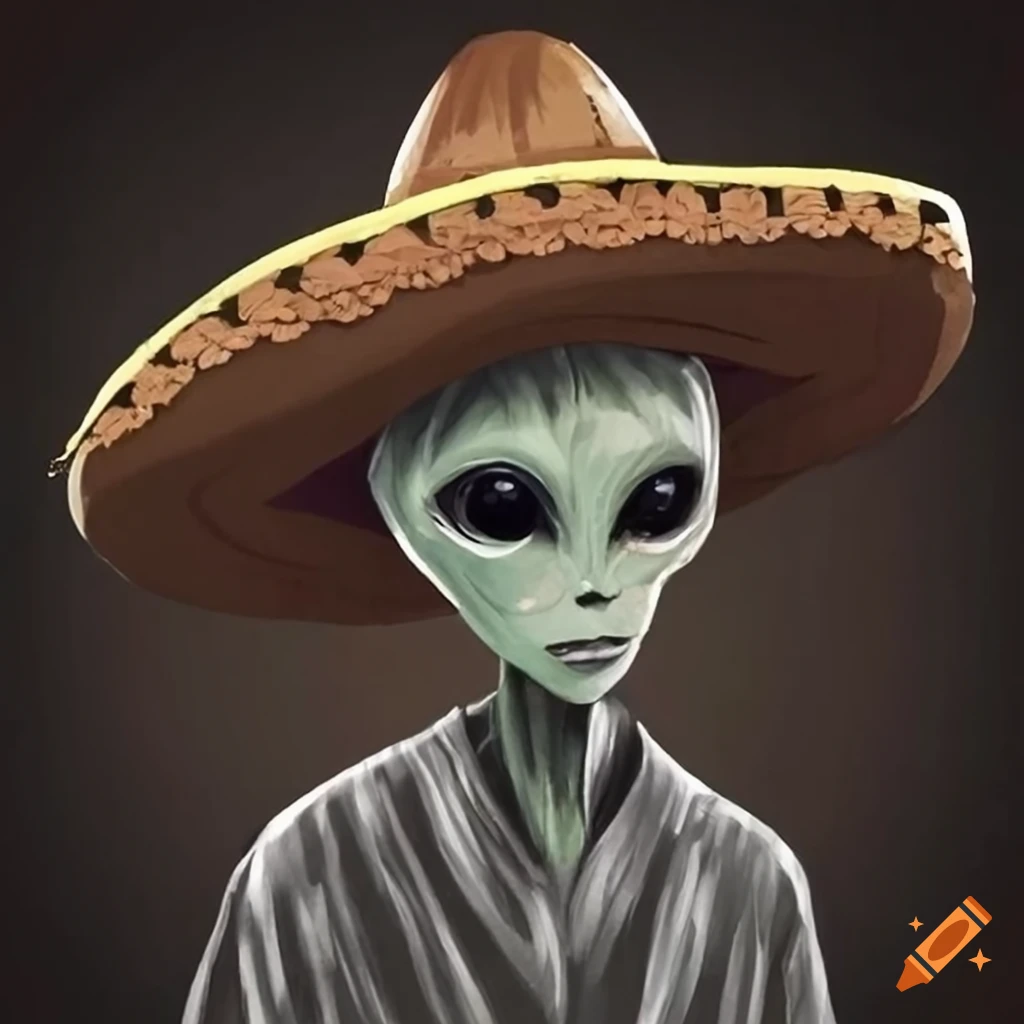 Grey alien wearing sombrero, poncho, and bandolier with mustache on Craiyon