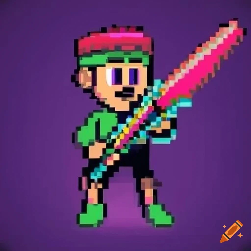 Retro 8-bit video game character with a pixelated sword in vintage ...