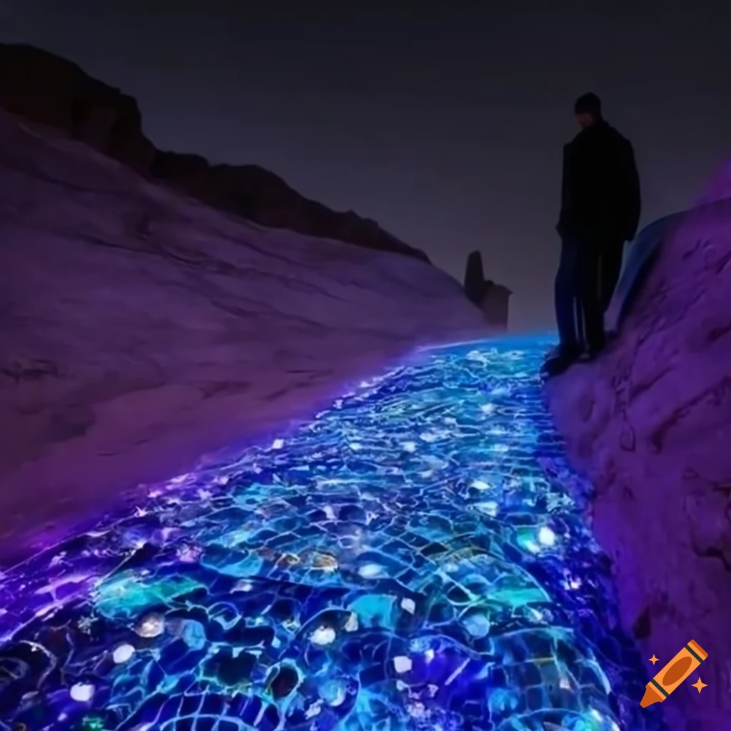 Intricate glowing glass pathway under the stars in an ancient Middle ...
