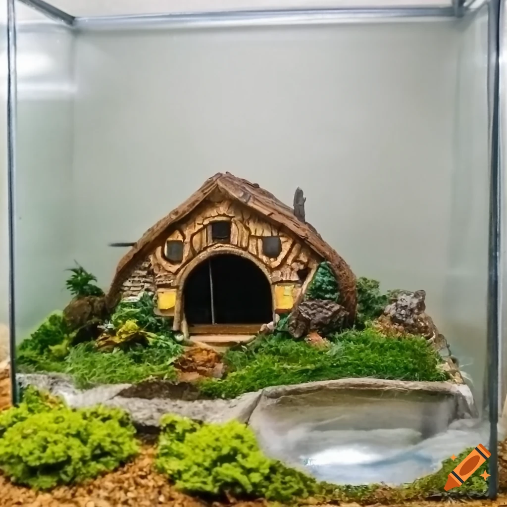 Terrarium with hobbit house and lake diorama on Craiyon