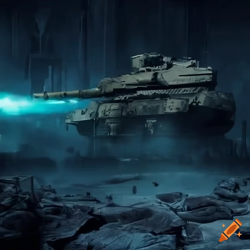 Futuristic battlefield with advanced military tanks and drones in ...