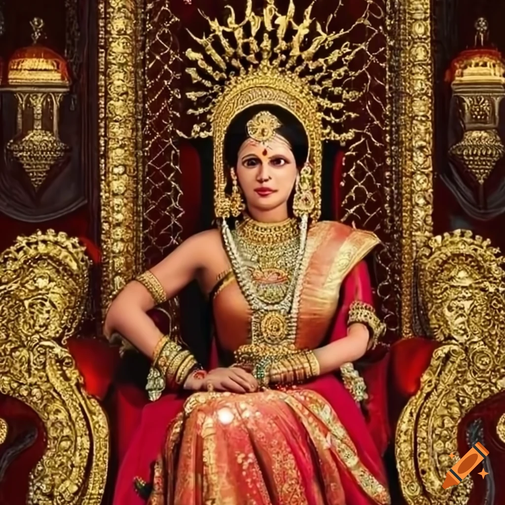 Indian queen in traditional attire seated on a golden throne in a ...