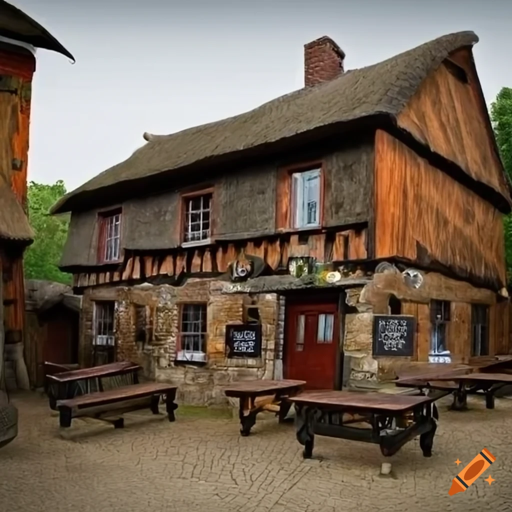 Bigsquatch Tavern in a medieval village with wooden frame and thatched ...