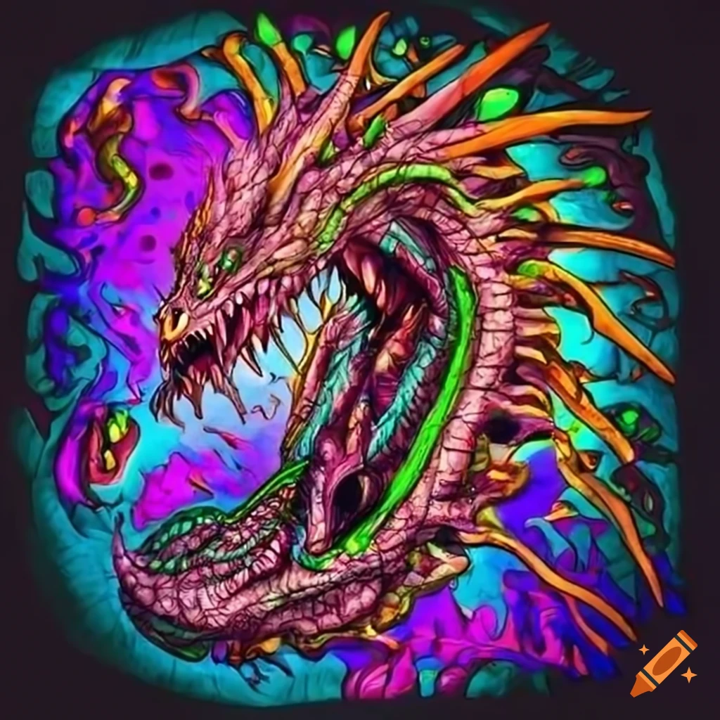Psychedelic hyper dragon monster with multiple eyes and teeth on Craiyon