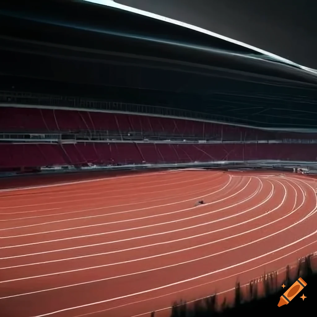 Modern athletics stadium at the start of a race focusing on the finish ...