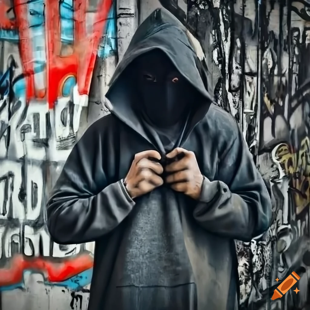 Hooded figure in front of graffiti wall with FTP letters on Craiyon