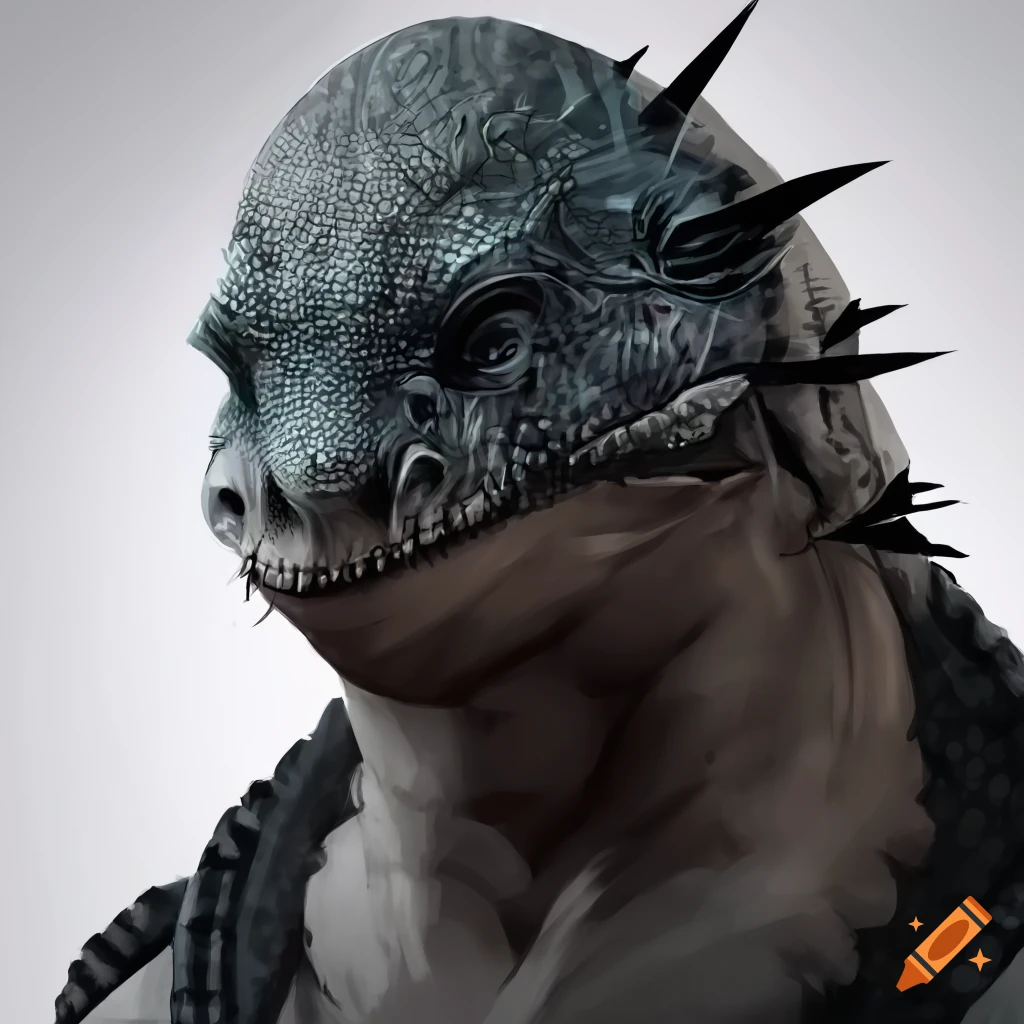 Sci-fi lizard-like fantasy race with black eyes and spikes on head and ...