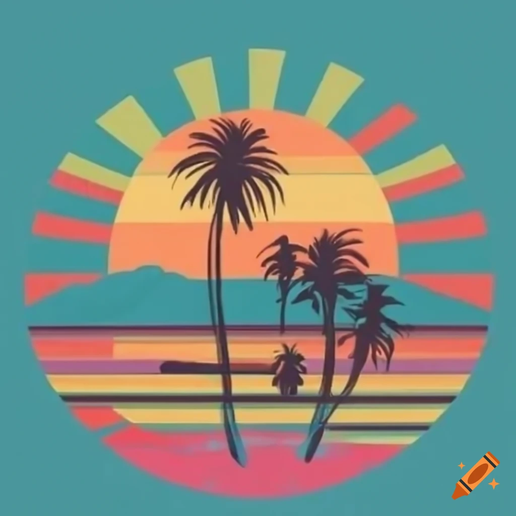 Vintage retro sunset with palm trees and surfboard in 70s style on Craiyon