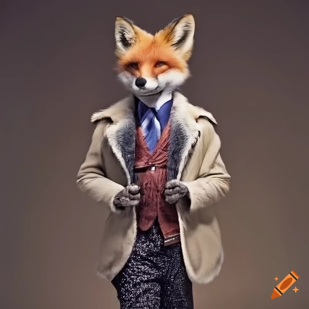 Anthropomorphic gangster fox on fashion runway with hyper realistic fur ...
