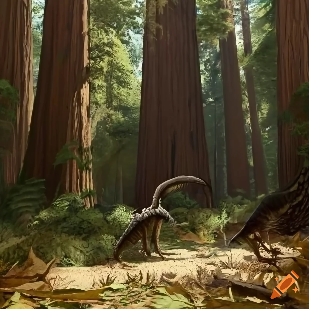 Hypsilophodon dinosaurs in a sunny forest with fallen trees and fern ...