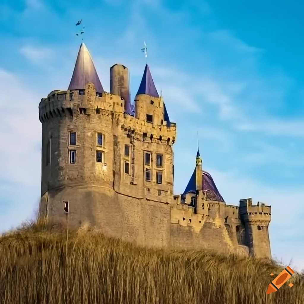Realistic fantasy kingdom royal castle with tall stone walls and purple ...