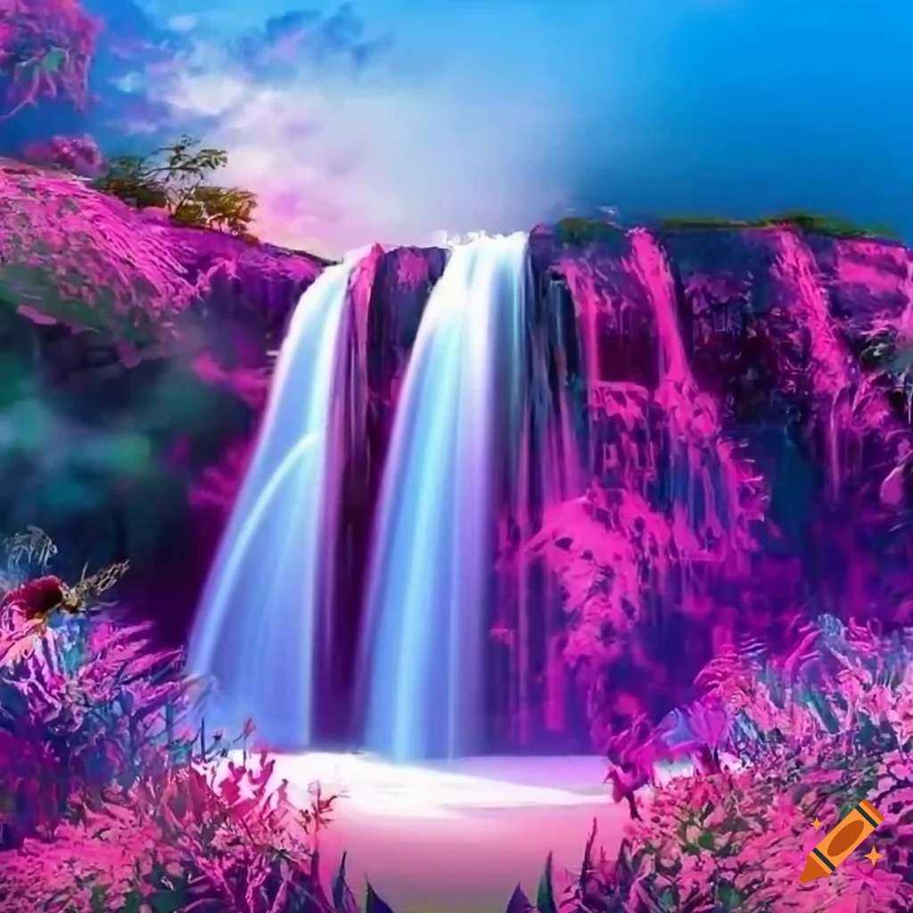 Bright purple and pink waterfalls with majestic birds in the background ...