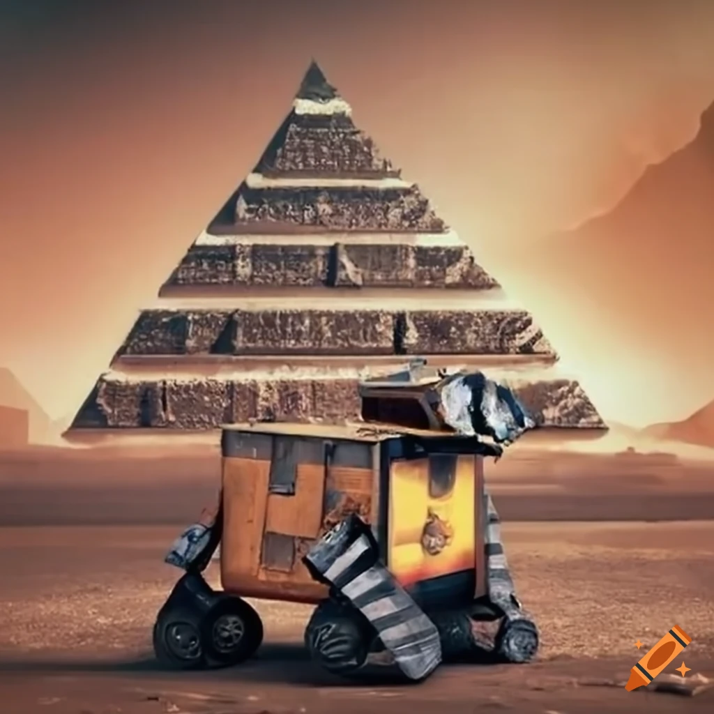 Wall-E in front of a trash pyramid on Craiyon