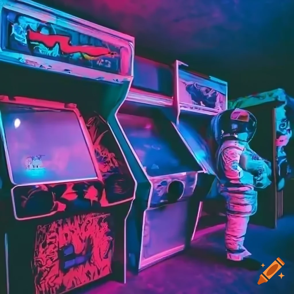 Astronaut in a retro-futuristic space arcade surrounded by neon lights ...