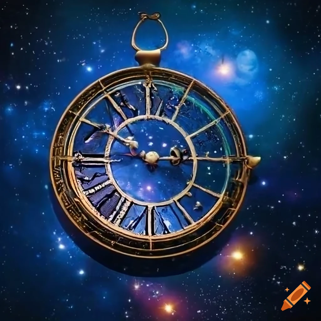 Intricate celestial clock with stars, moons, and constellations on Craiyon