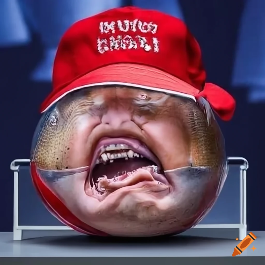 Satirical scene of a fish-like character resembling Trump yelling at a ...